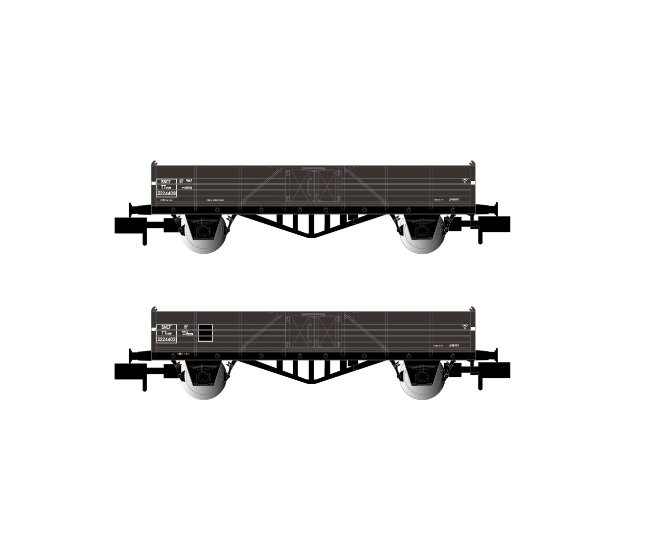 ARNOLD 6492 SNCF, 2-unit pack 2-axle open wagons Tw (low side boards ...