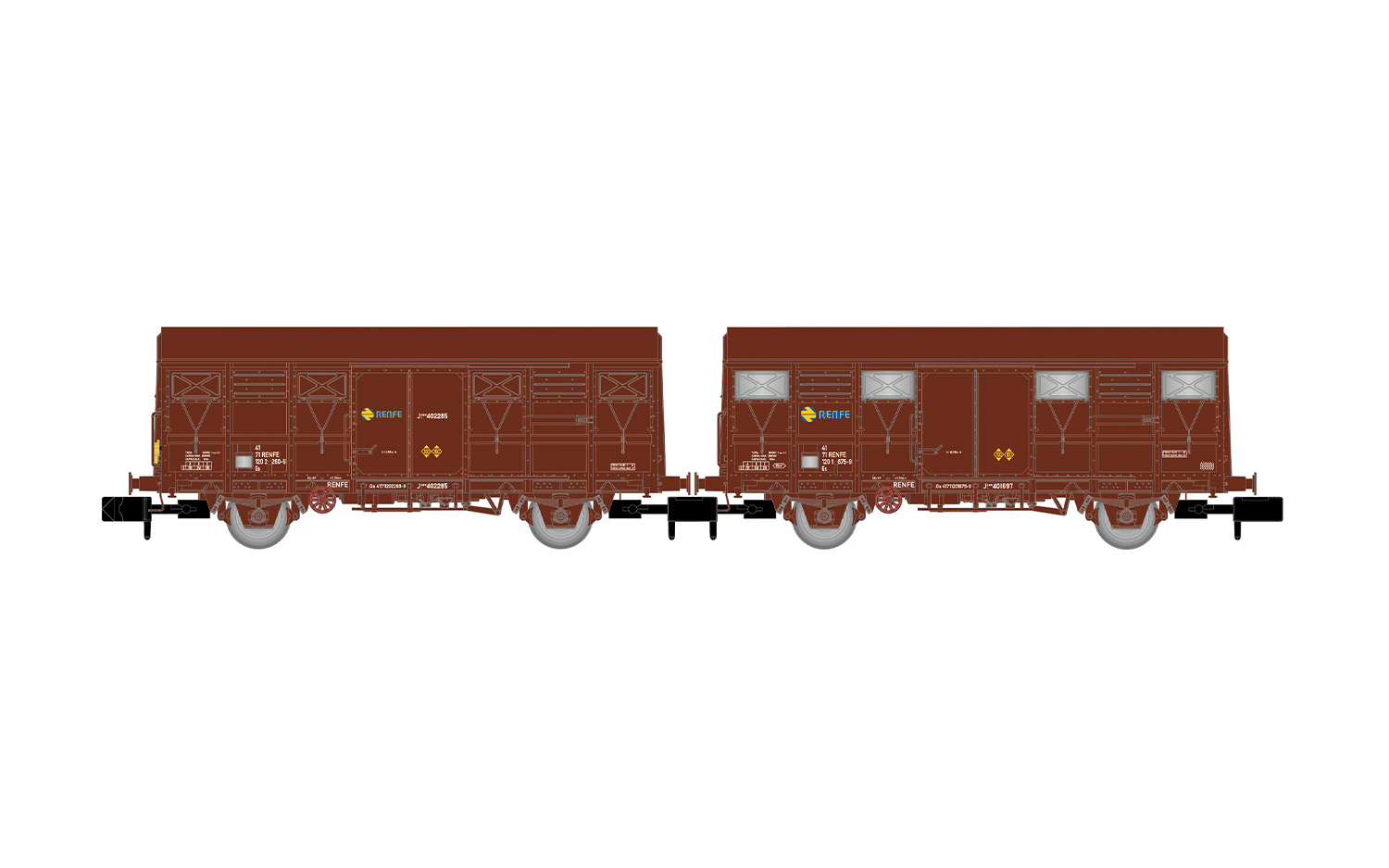 ARNOLD 6718 RENFE, 2-unit pack Gs wagons, brown livery, one with rear ...